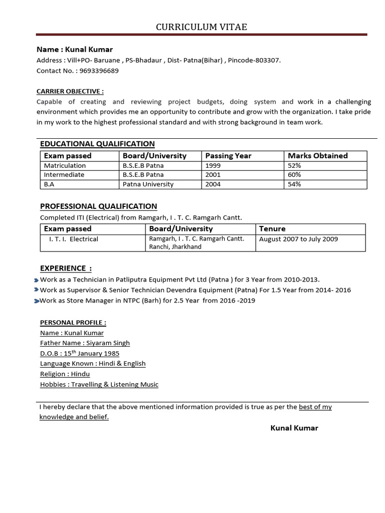 Kunal Kumar CV. | PDF