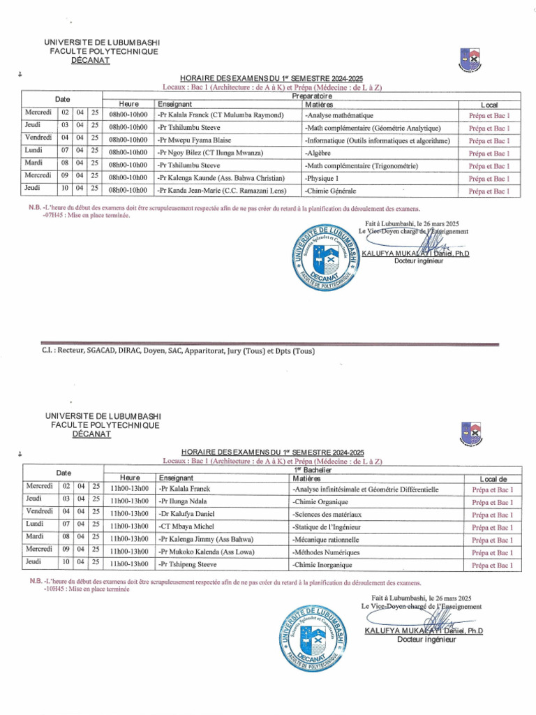 Horaire Des Examens 1er Semestre-Polytech-Unilu | PDF