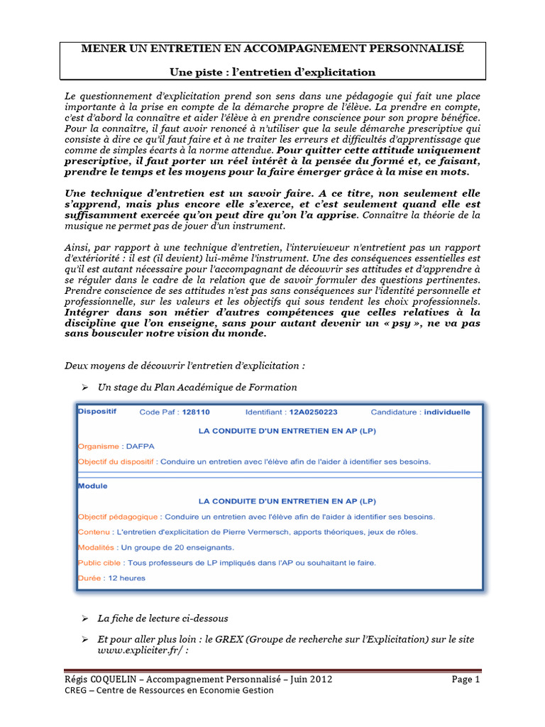 Entretien d'Explicitation : Guide Pratique | PDF | Mémoire | Pédagogie