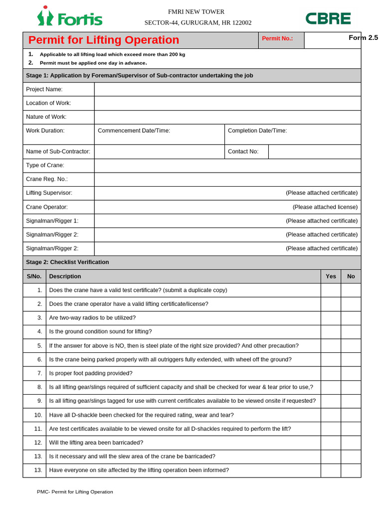Form PTW 008 - Permit For Lifting Operation | PDF | Crane (Machine)