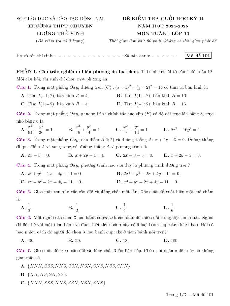 De Cuoi Ki 2 Toan 10 Nam 2024 2025 Truong Chuyen Luong The Vinh Dong Nai | PDF