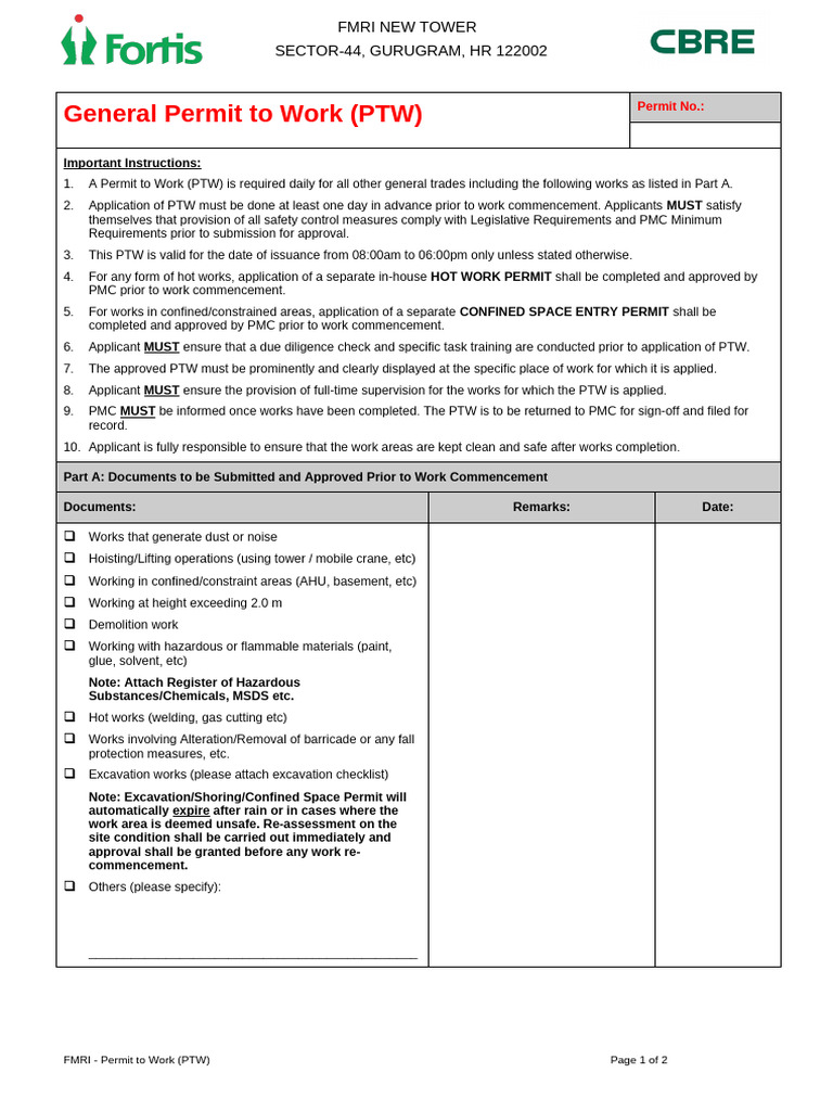 Form PTW 002 - General Permit To Work | PDF | Occupational Safety And Health | Safety