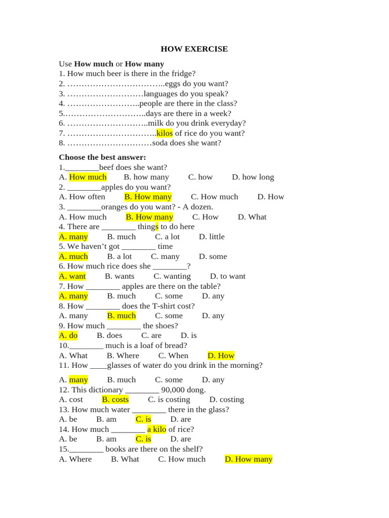 546779915 BAI TẬP HOW MANY HOW MUCH HOW OFTEN HOW LONG | PDF