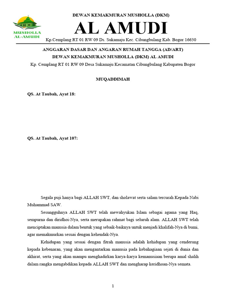 AD/ART DKM Musholla Al Amudi Cemplang | PDF