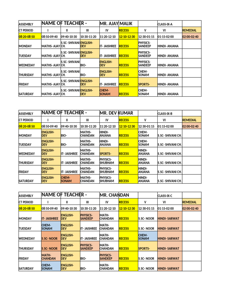 Class IX Timetable September 2025 | PDF