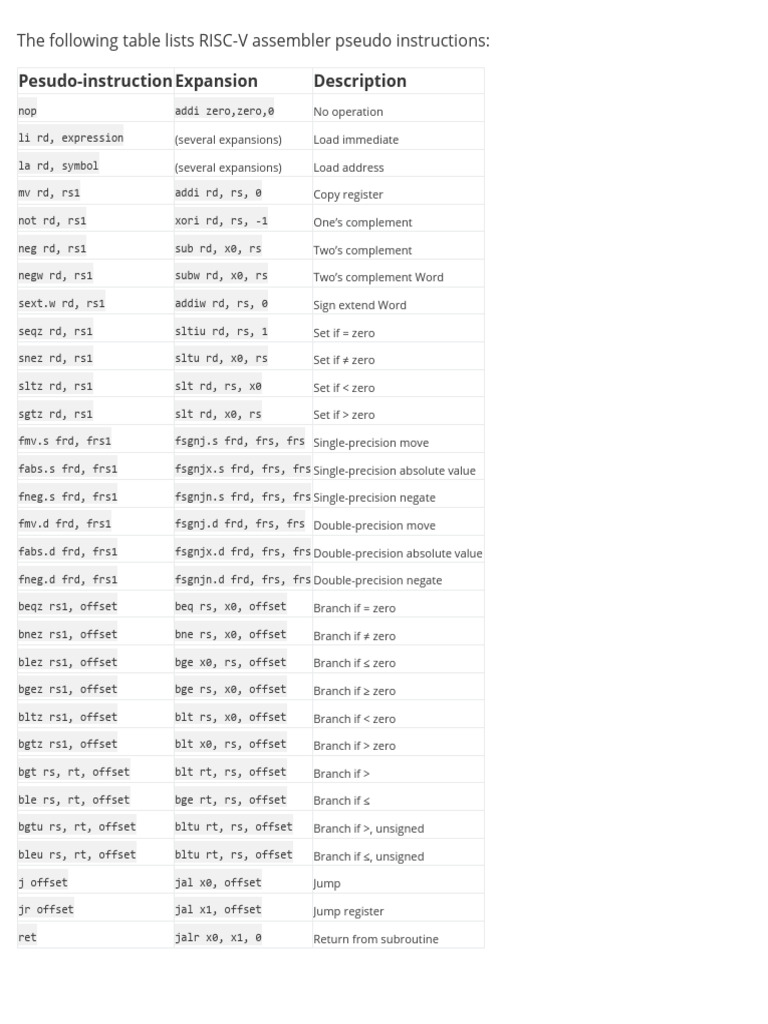 RISC-V Pseudo Instructions | PDF