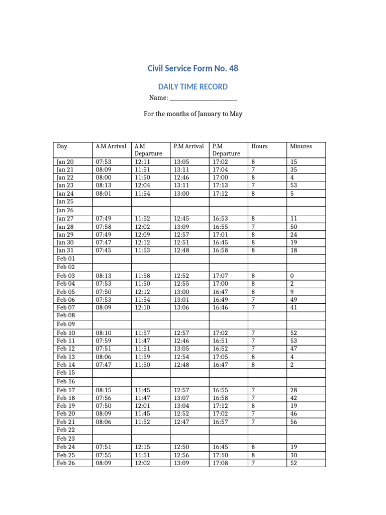 Civil Service Daily Time Record Form | PDF