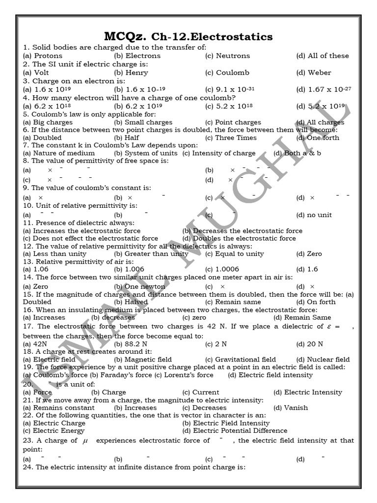 Phy 12th MCQZ Ch-12 Electrostatics | PDF | Capacitor | Electric Field