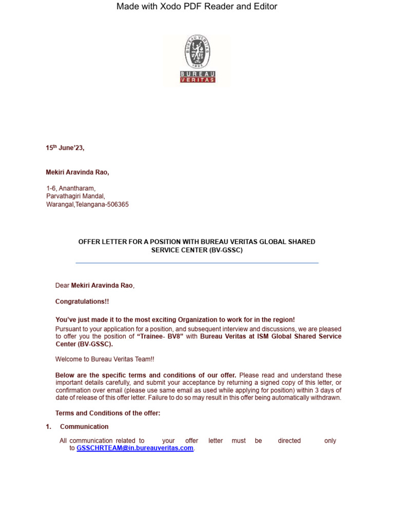 Bureau Veritas Offer Letter Details | PDF | Non Disclosure Agreement ...
