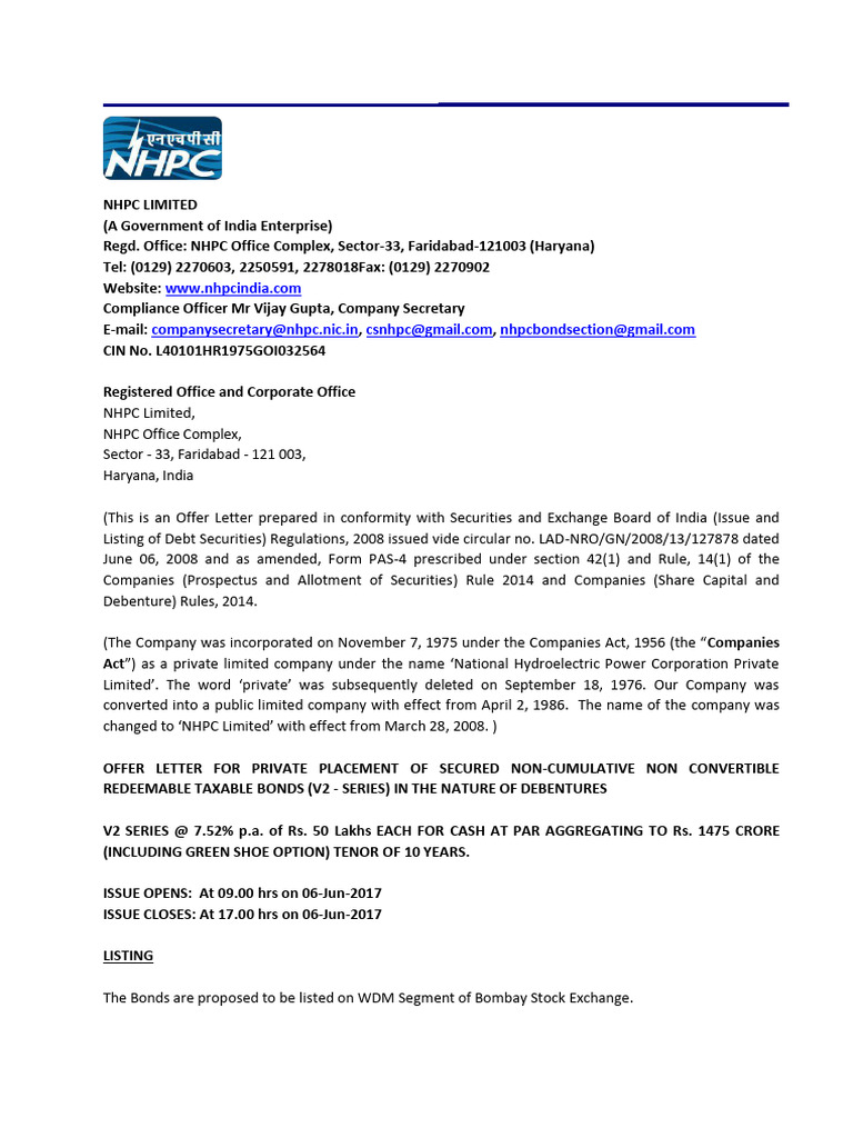 NHPC V Series Offer Letter | PDF | Securities (Finance) | Audit