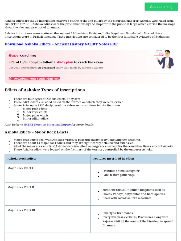 Ashoka Edicts_ Ancient History NCERT Notes for UPSC IAS Exams | PDF