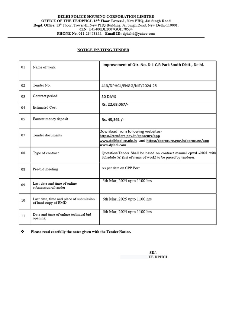DPHCL Tender for Delhi Police Housing | PDF