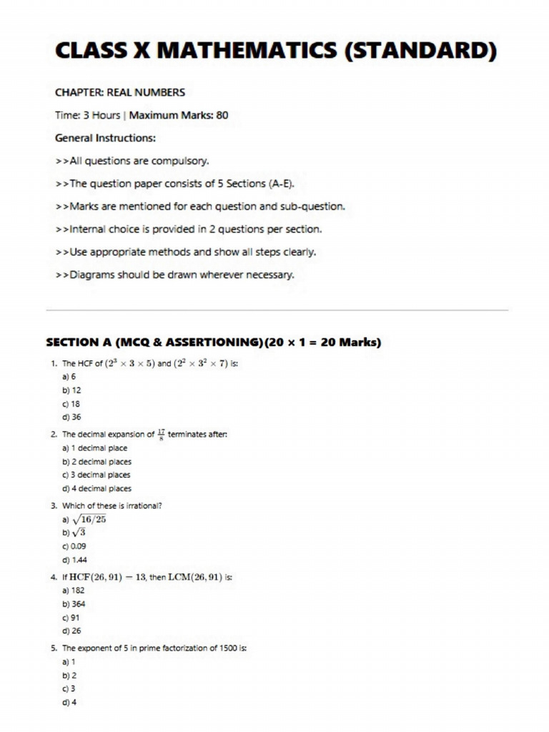 Class 10 Real Number Worksheet | PDF