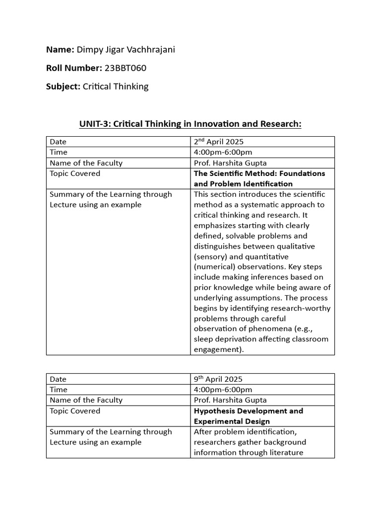 Dimpy Unit-3 Critical Thinking | PDF | Hypothesis | Methodology