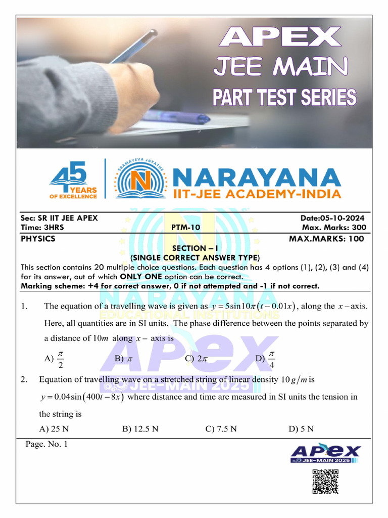 05-10-2024 - SR Iit - Jee Apex - Jee Main Model - ptm-10 - QP Final | PDF