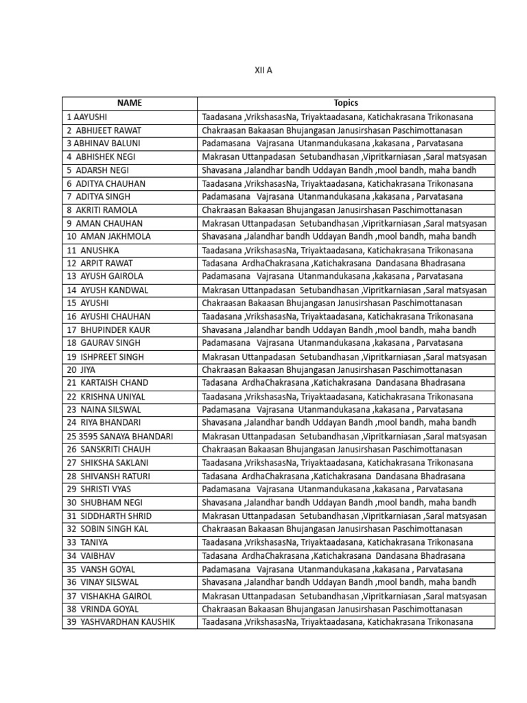 Yoga Asanas for Class 12 Students | PDF