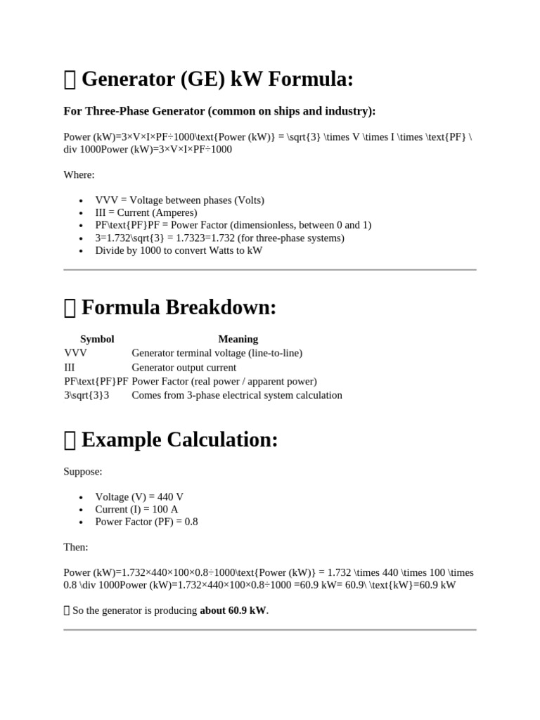 Generator kW and Current Calculations | PDF | Electric Generator | Engines