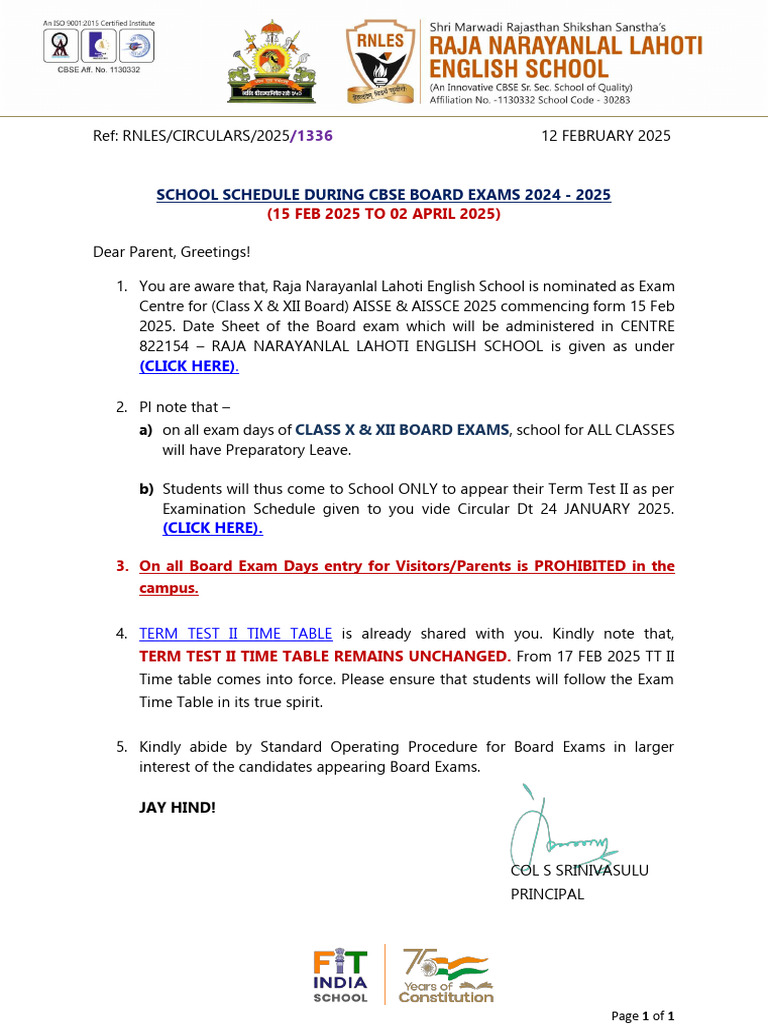 School Schedule During Board Exams-2 | PDF