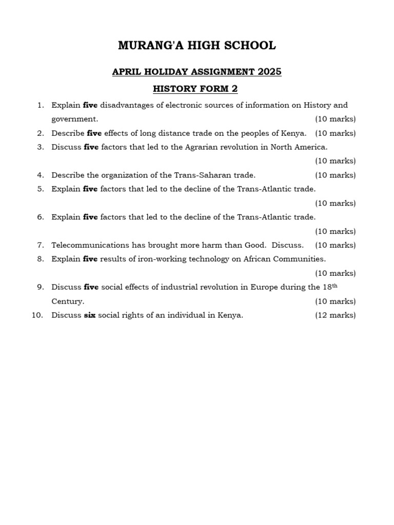 Murang'A High School: April Holiday Assignment 2025 History Form 2 | PDF