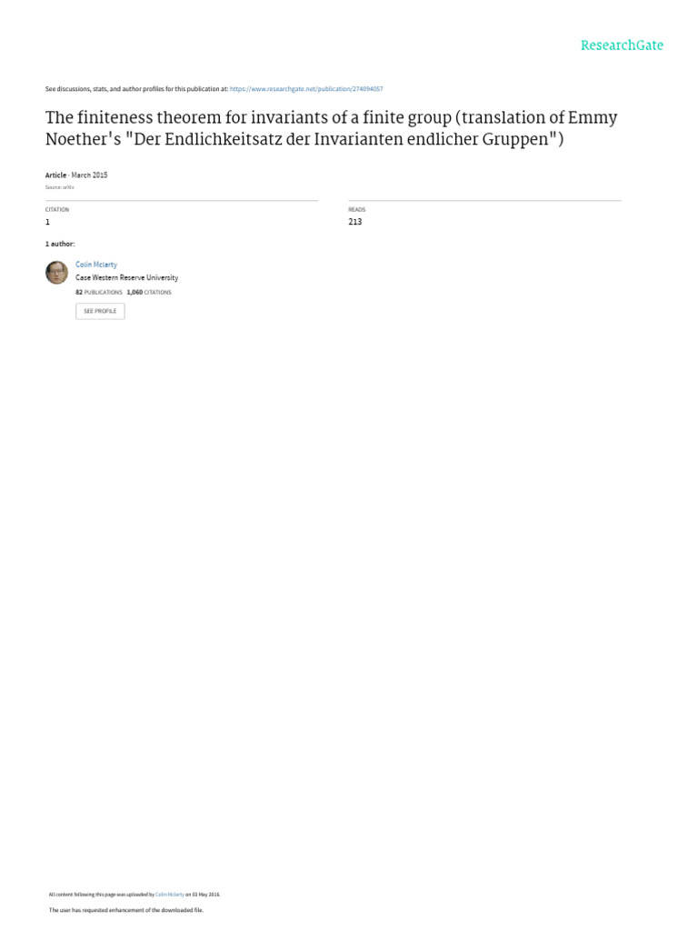 The Finiteness Theorem For Invariants of A Finite | PDF | Group ...