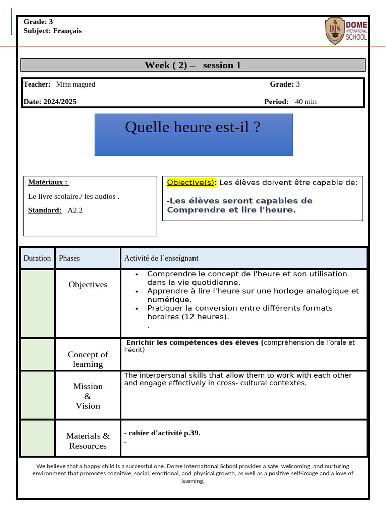 Apprendre l'heure et les jours en français | PDF