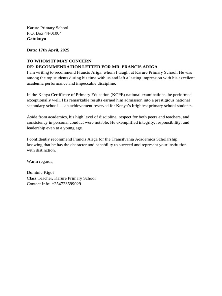 Recommendation From Primary School Class Teacher | PDF