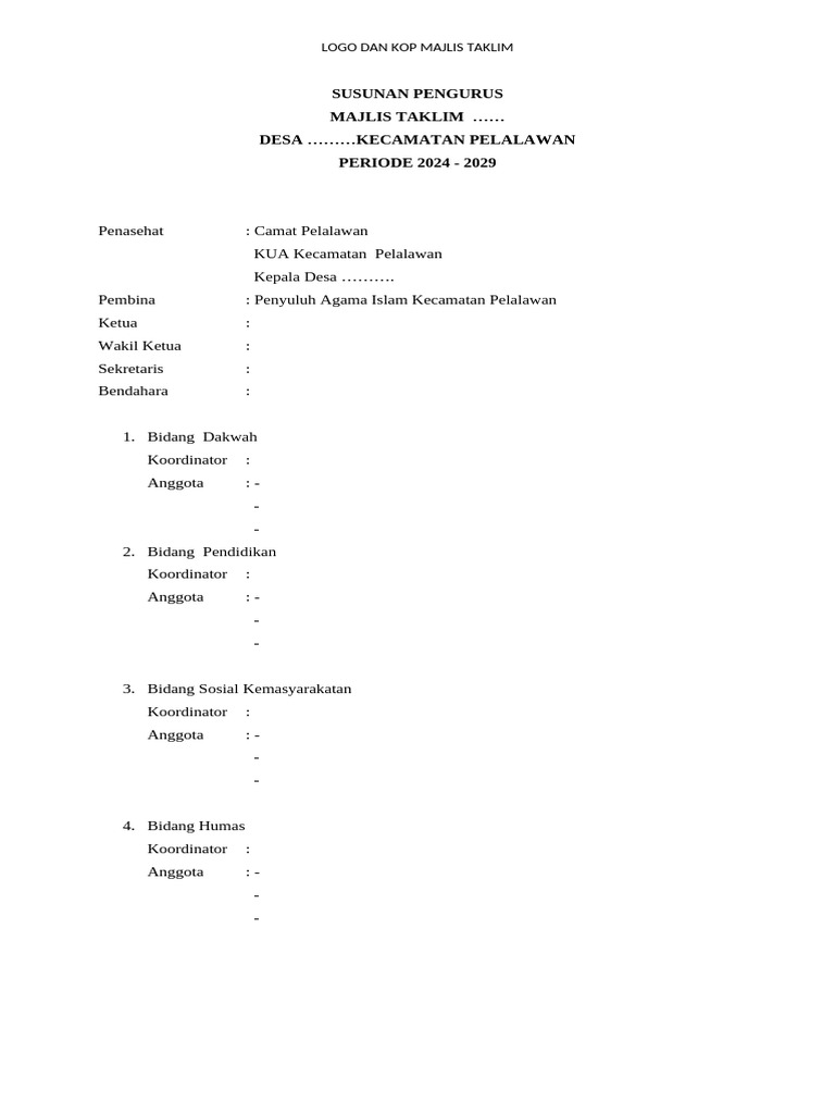 Struktur Pengurus Majlis Taklim 2024-2029 | PDF