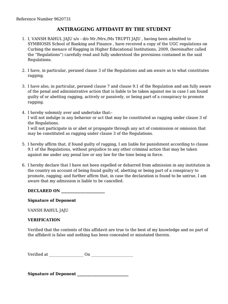 Anti Ragging Affidavit Form | PDF | Affidavit | Justice