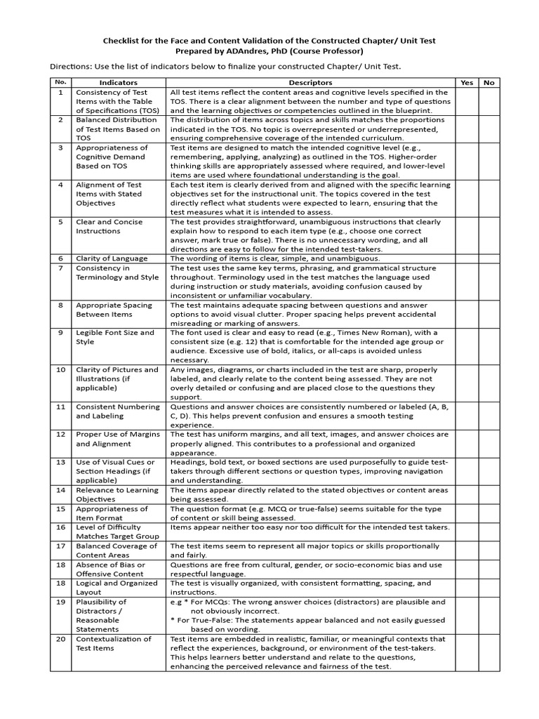 Checklist For The Face and Content Validation of The Constructed Chapter | PDF | Multiple Choice ...
