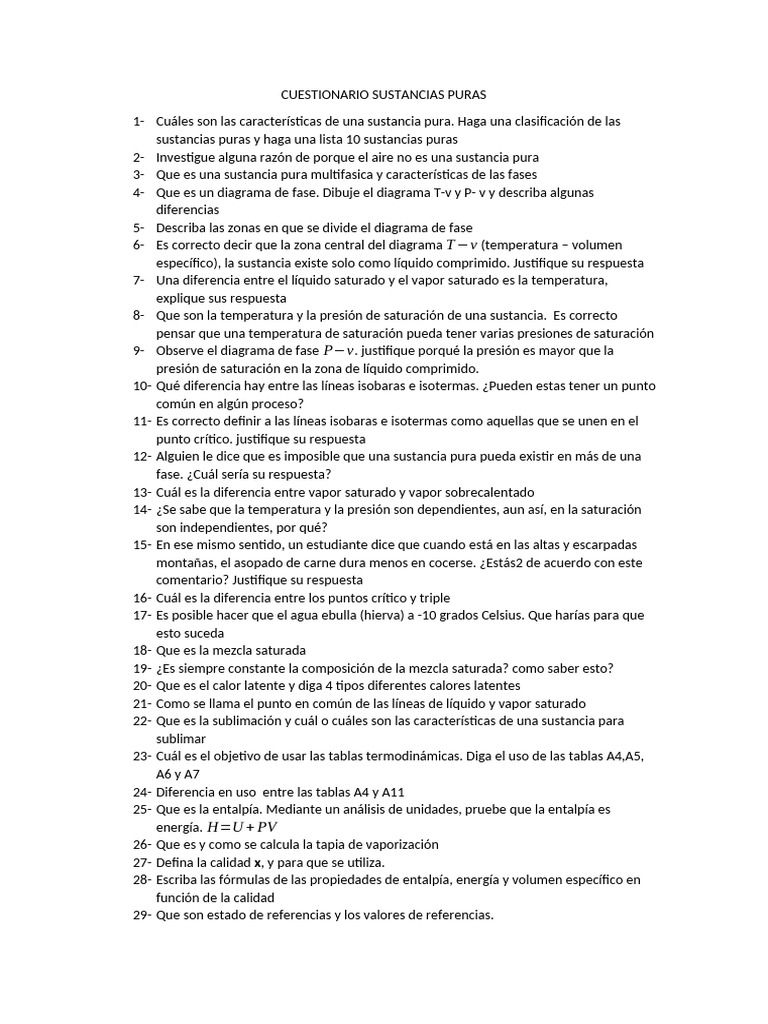 Cuestionario Sustancias Puras | PDF | Vapor | Entalpía