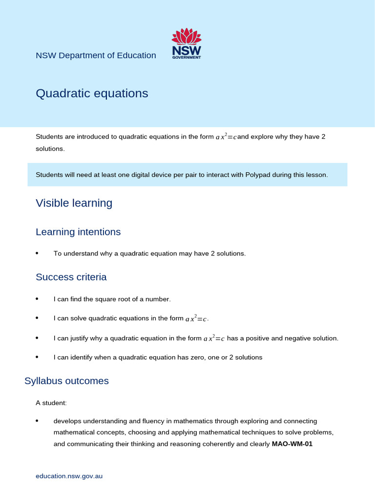 Mathematics s4 Unit 10 l02 Quadratic Equations | PDF | Square Root ...