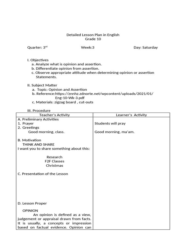 Lesson Plan: Opinion vs. Assertion | PDF
