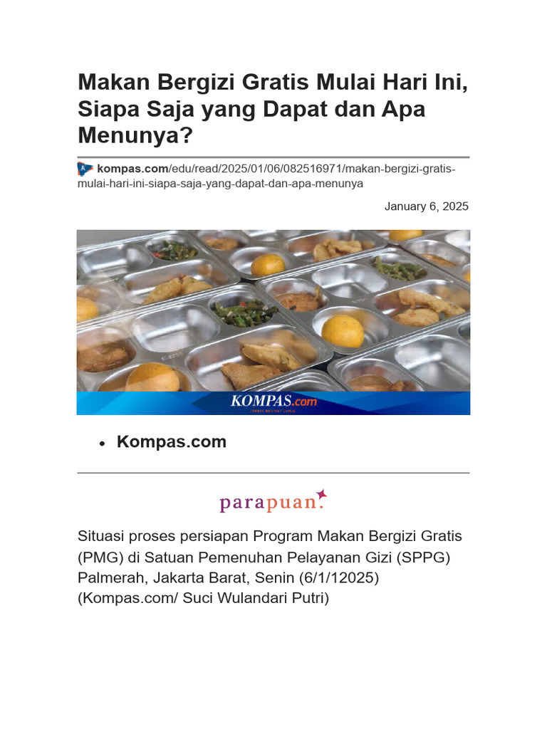 Makan Bergizi Gratis Mulai Hari Ini, Siapa Saja Yang Dapat Dan Apa Menunya | PDF