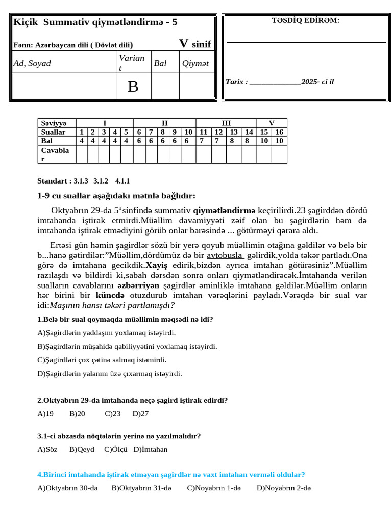 KİÇİK Summativ Qiymətləndirmə-5 Cİ SİNİF | PDF