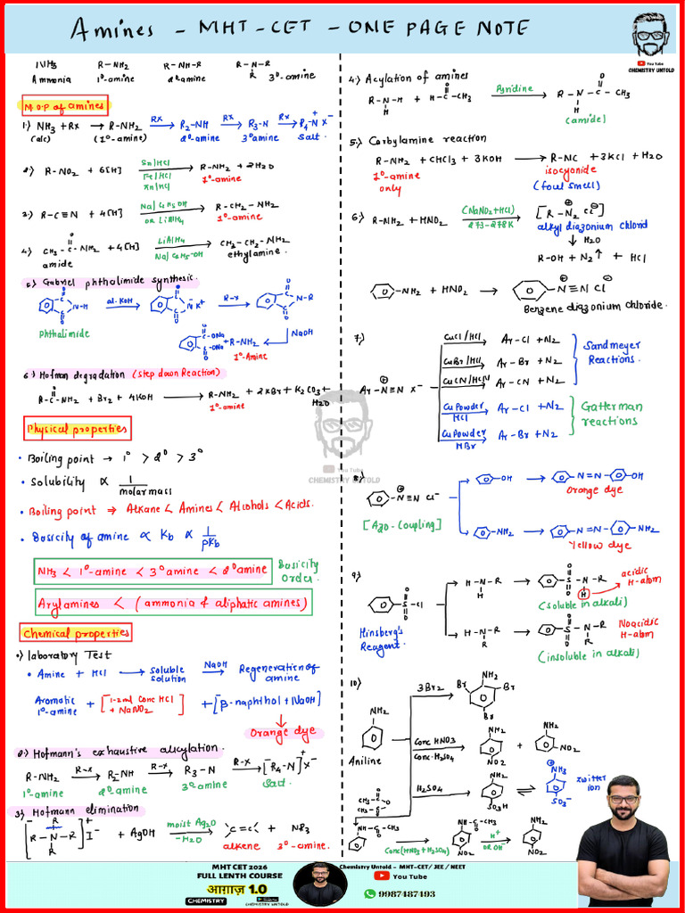Amines - MHT Cet - One Shot Notes | PDF