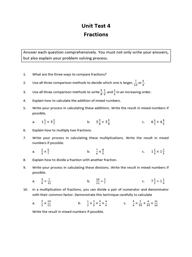Chapter 7 Test - Fractions | PDF