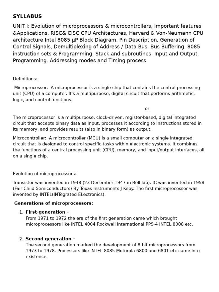 Microprocessor and Microcontroler Unit 1 | PDF | Central Processing Unit | Microprocessor
