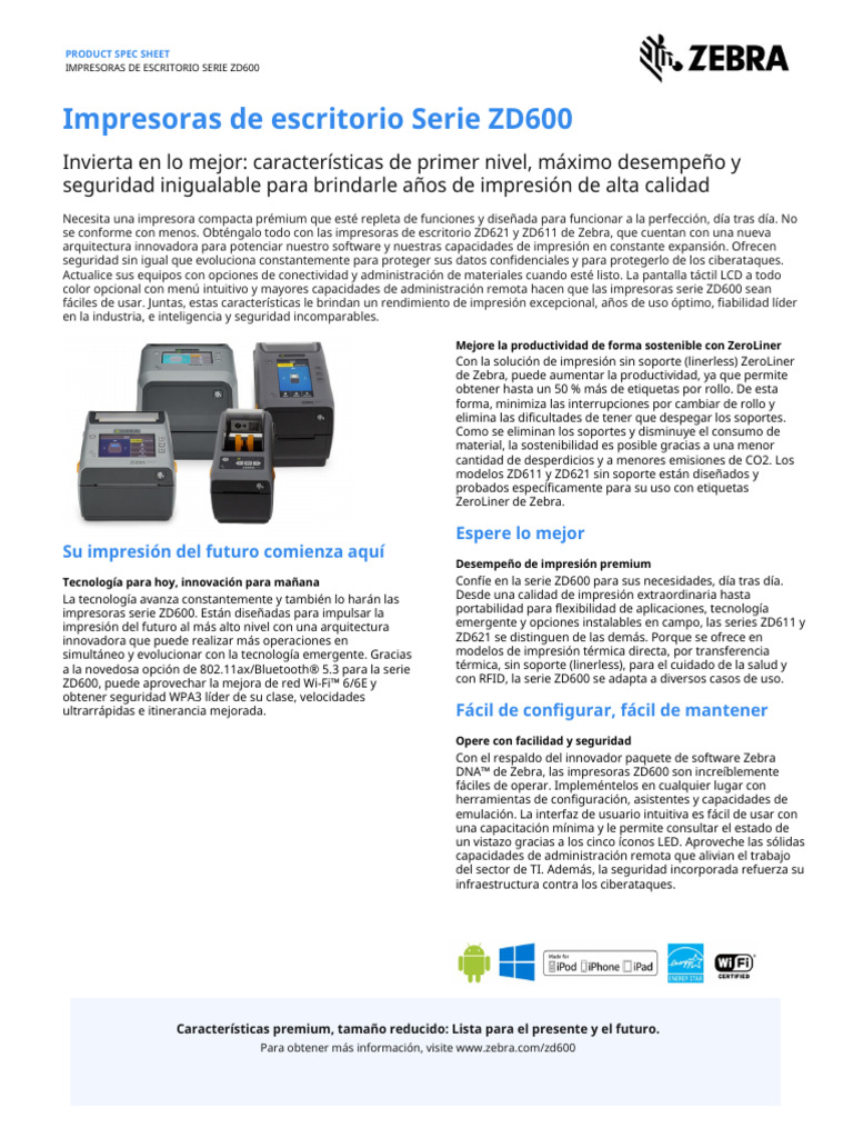 zd600 Series Spec Sheet Es La | PDF | Bluetooth | Impresora (Computación)