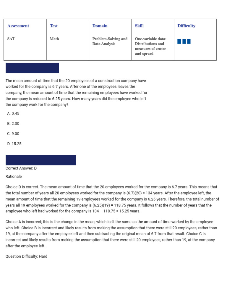 SAT Math Packet 7 Answers | PDF | Median | Mean