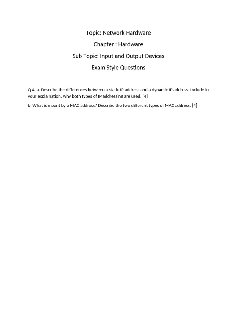 Computer Test - Network Hardware - Exam Style Questions | PDF