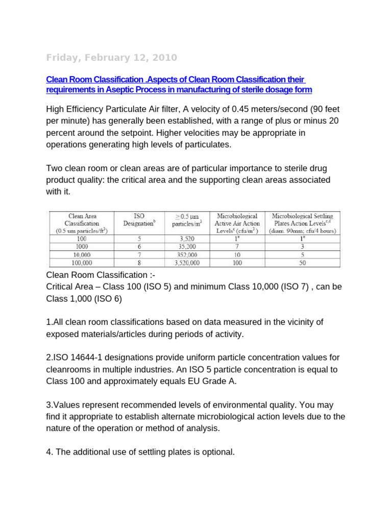 Classification of Cleanrooms | PDF