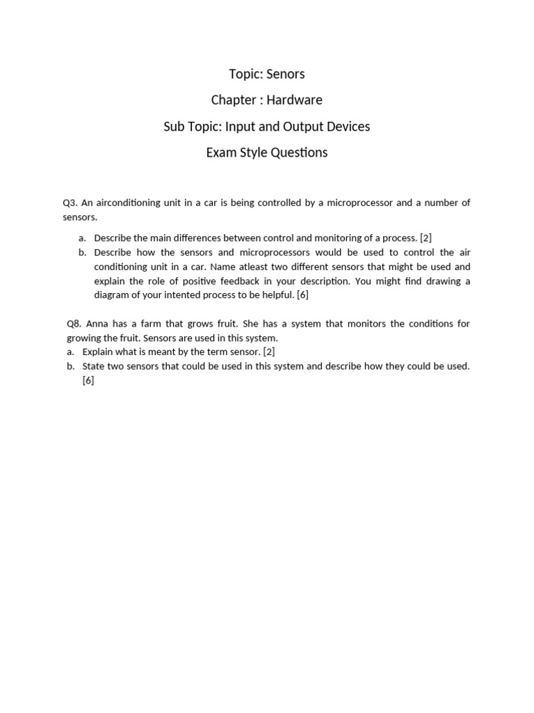 Computer Test - Sensors - Exam Style Questions | PDF