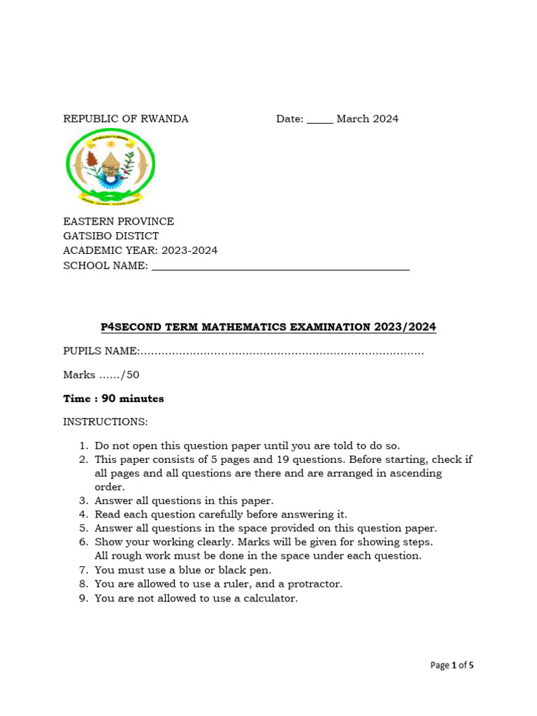 P4 Second Term Math Exam 2023-2024 | PDF | Numbers | Arithmetic