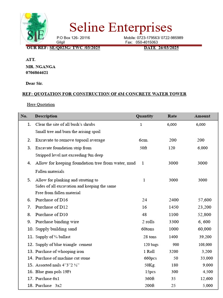 QUOTATION For Designing and Construction of 6mconcret Water Tower | PDF ...