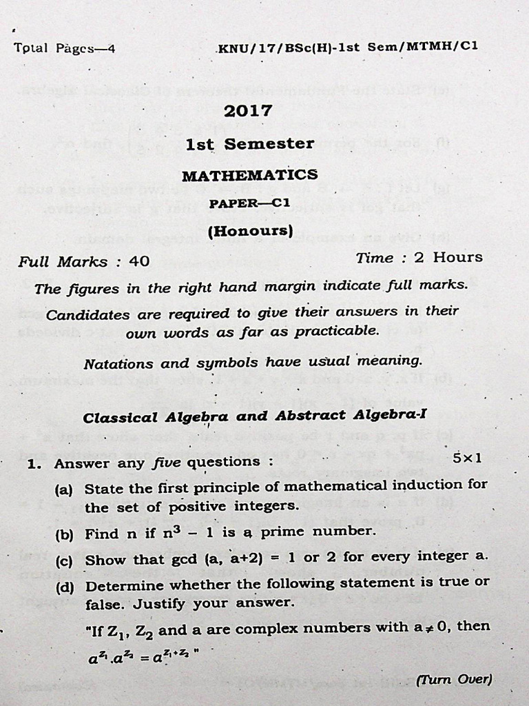Mathematics 1st Sem Paper-C1 (Hons.) 2017 | PDF