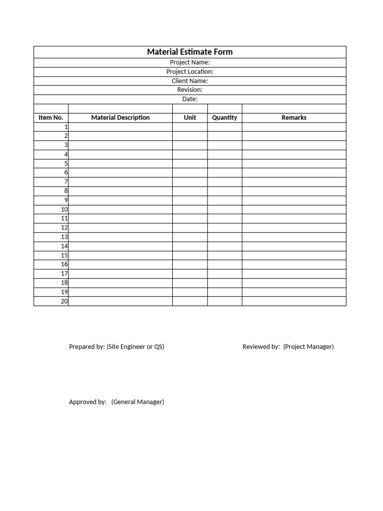 Material Estimate Form Template | PDF