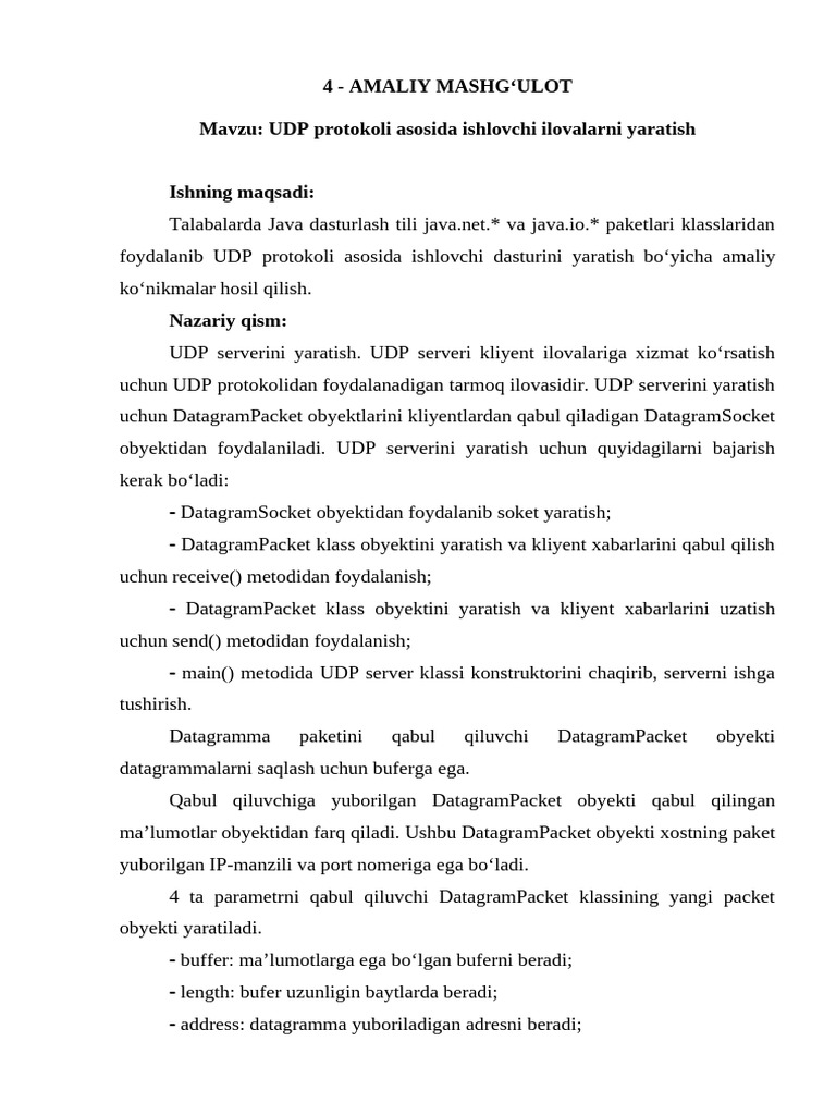4 - Amaliy Mashg Ulot Mavzu: UDP Protokoli Asosida Ishlovchi Ilovalarni Yaratish | PDF