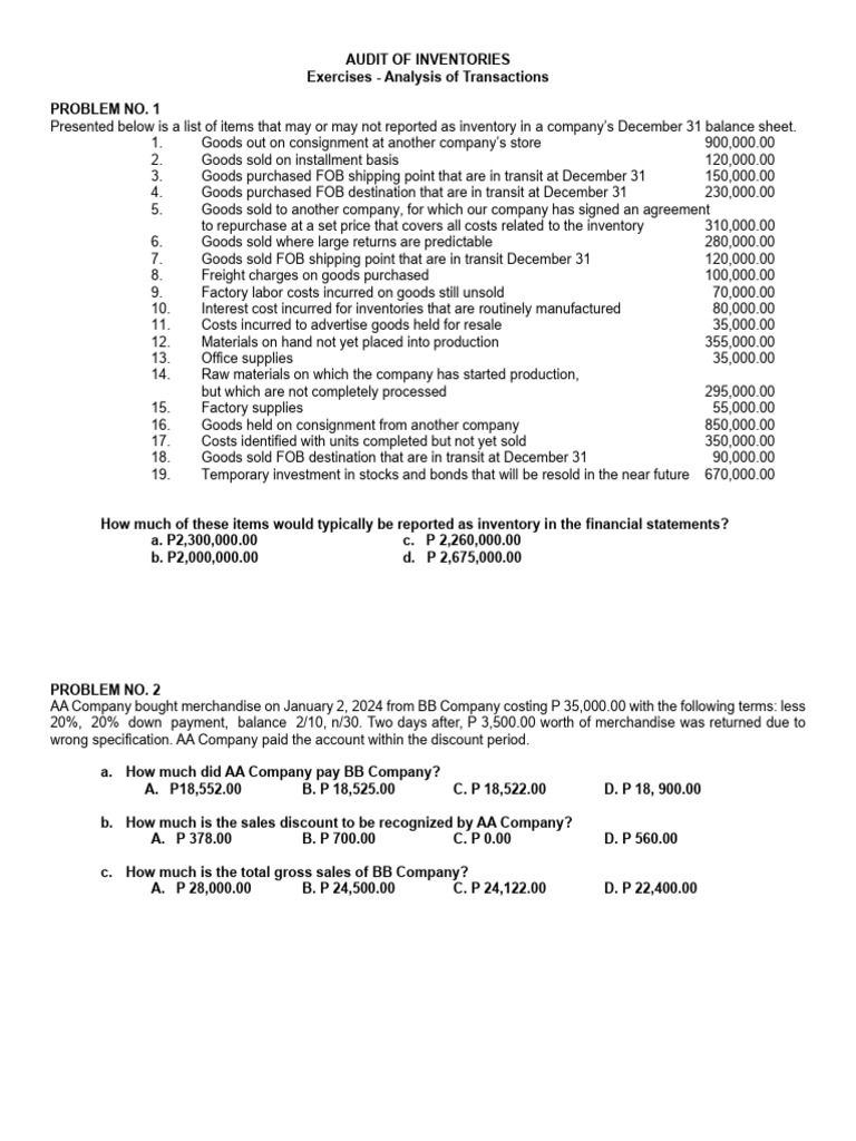 Audit of Inventories Practice Problems | PDF | Inventory | Cost Of Goods Sold