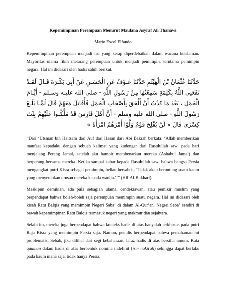 Kepemimpinan Perempuan Menurut Maulana Asyraf Ali Thanawi | PDF