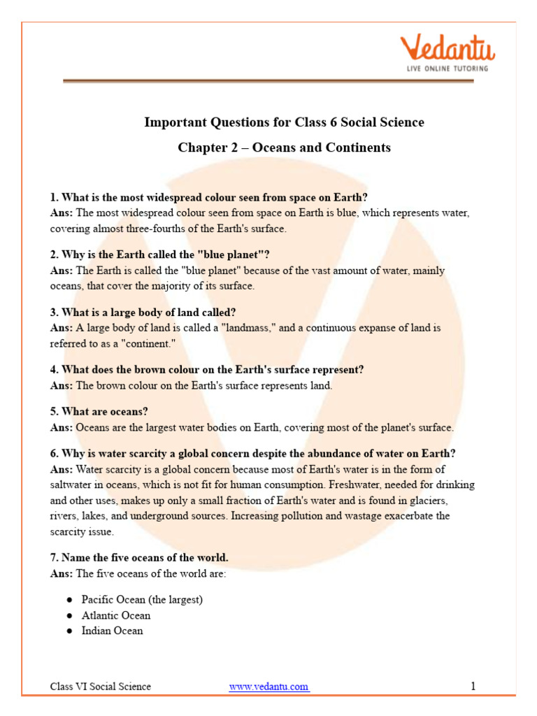 Class 6 SST: Oceans and Continents Q&A | PDF | Oceans | Sea